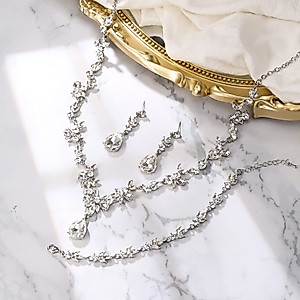 BriLove Wedding Jewelry Set for Women Bride, Y-Necklace Tennis Bracelet Dangle Earrings Crystal Teardrop Marquise Cluster for Bridal Bridesmaid Clear Silver-Tone