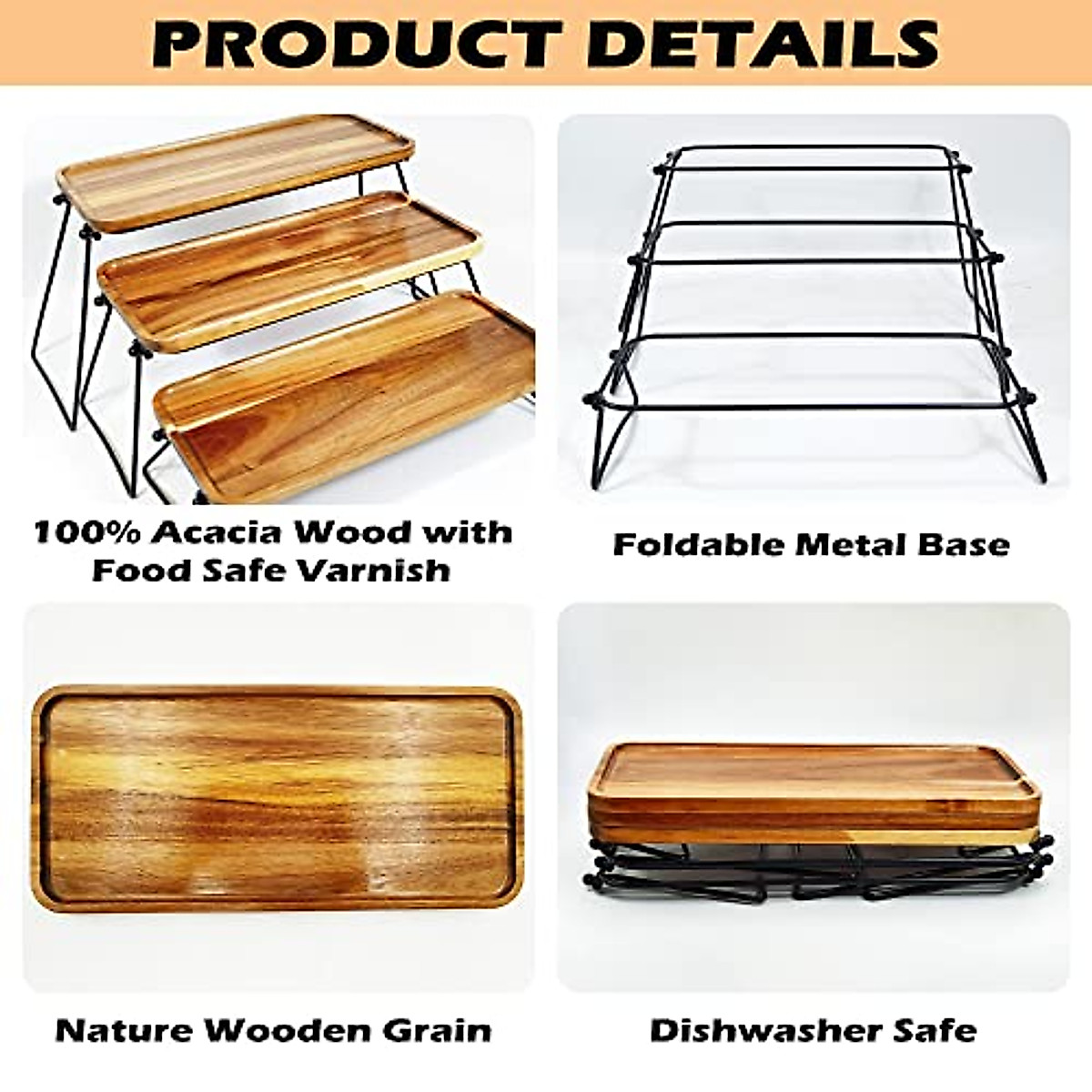 Montex 3 Tier Serving Tray Stand Wooden Serving Platters for Dessert Server Display 17 Inch Metal Stand