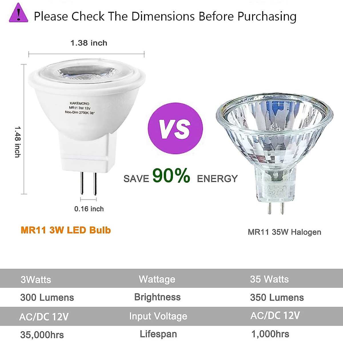 KAKEMONO MR11 GU4.0 Led Bulbs,20W Halogen Equivalent,2700K Soft Warm White,12V GU4 3W Low Voltage Spotlight for Outdoor Landscape Track Lighting, Not Dimmable-6 Pack