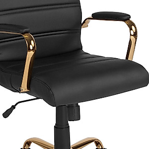 EMMA + OLIVER Mid-Back Black LeatherSoft Executive Swivel Office Chair with Gold Frame/Arms