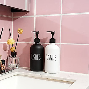 Funly mee 2 Pack Farmhouse Glass Soap Dispenser Set -17 OZ, Refillable Hand Soap and Dish Soap Dispenser for Bathroom and Kitchen (Black/White)