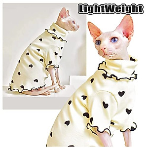 DENTRUN Turtleneck Heart Pattern Sphynx Hairless Cats Shirt, Kitten T-Shirts with Perlin Sleeves, Breathable Cat Wear Cute Sweater Adorable Hairless Cat's Clothes Vest Pajamas Jumpsuit, Beige