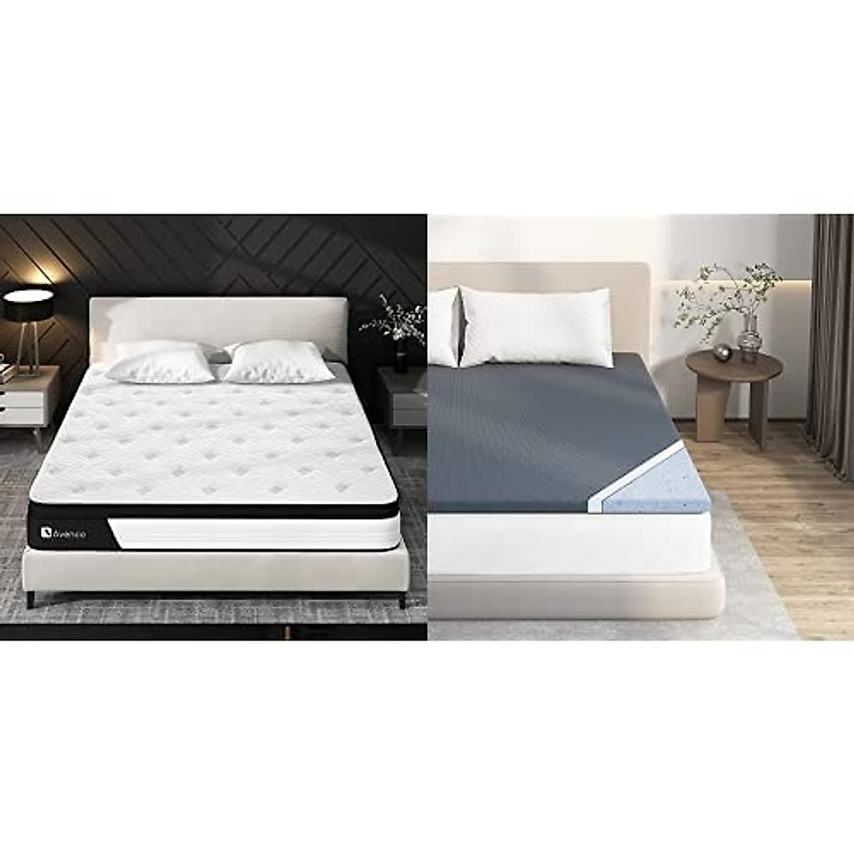 Avenco 10 Inch Hybrid Full Mattress Medium Firm with Pocket Spring & Gel Memory Foam and 2 Inch Plush Full Foam Mattress Topper Grey