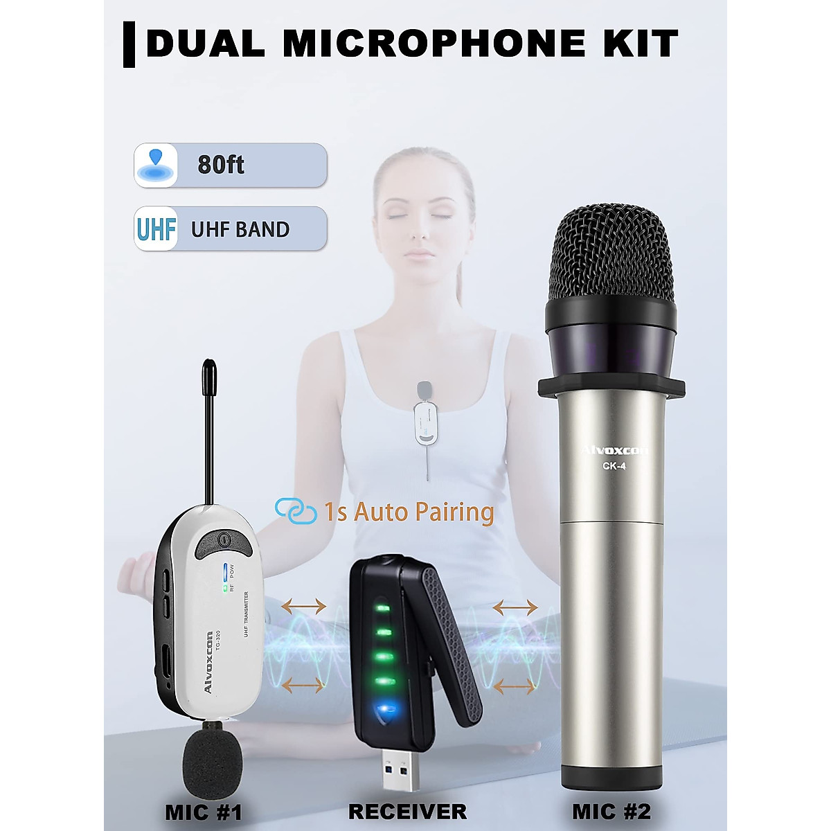 Alvoxcon Wireless USB Microphone for iPhone & Computer, Rechargeable Handheld & Lapel Mic System for MacBook, PC Laptop, Zoom Meeting, Classroom Teaching, Teacher Podcast, vlog