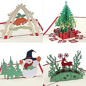 Coogam Pop Up Christmas Card with Envelope Set of 4 - Handmade Paper Craft Get Well Soon Cut out Greeting Card for New Year Holiday Gift - Feature Xmas Tree,Snowman,Reindeer and Bell