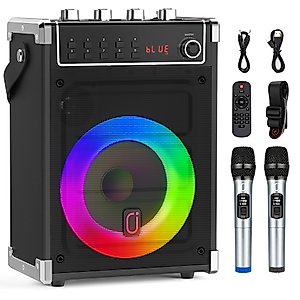 JYX Karaoke Machine with 2 UHF Wireless Microphones, Bass/Treble Bluetooth Speaker with LED Light, Support TWS, AUX In, FM, REC, Supply for Party/Adults/Kids - Black
