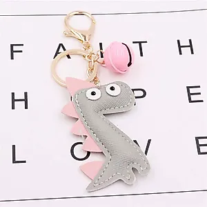 ASSHO 3PCS Handmade Dinosaur Keychain for Women Girl Girlfriend Keys Accessories Pedant Cute Bell（includes blue，pink and grey）