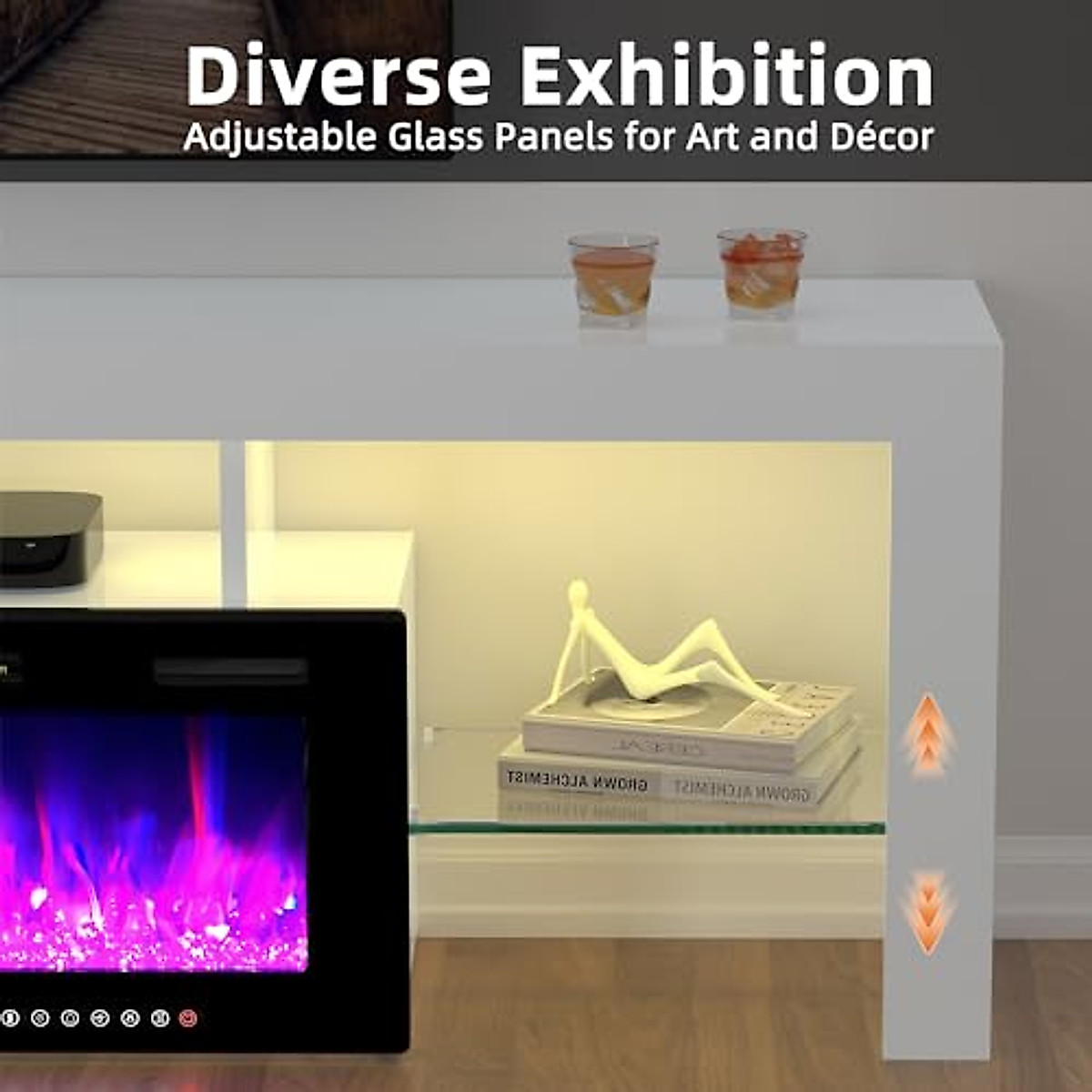 MU Modern 70" TV Fireplace Stand with 12-Color LED Lights & 12-Color Flame, High Gloss Floating Fireplace Entertainment Center with 36" Electric Fireplace (White, 70" TV Stand)