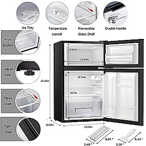 Antarctic Star Compact Mini Refrigerator Separate Freezer, Small Fridge Double 2-Door Adjustable Removable Retro Stainless Steel Shelves Garage Camper Basement/Dorm/Office 3.2 cu ft.Black