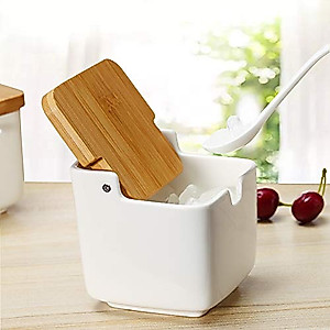 Lucky Goddness Set of 3 Porcelain Sugar Bowl, 8.8 fl oz Condiment Pots with Spoons Bamboo Flip Lids Labels, Spice Salt Tray Serving for Home Kitchen