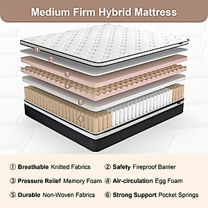 VKJ Queen Size Mattress 10 Inch,Medium Firm,Updrade Hybrid Memory Foam Mattress in a Box,Colchones Queen Size Bed,Individually Pocketed Springs for Support and Pressure Relief
