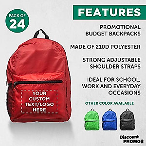 DISCOUNT PROMOS Custom Simple Functional Backpacks Set of 24, Personalized Bulk Pack - Water Resistant, Lightweight - Red