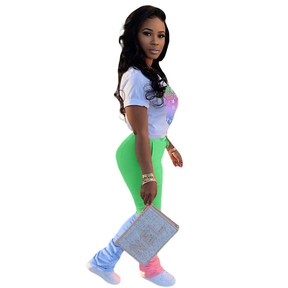 Remelon Casual 2 Piece Outfit Sets for Women Color Block Short Sleeve T-Shirts + Stacked Flare Pants Tracksuit Sweatsuit