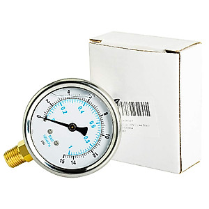 Taisher Liquid Filled Pressure Gauge, 0-15psi/kpa, 304 Stainless Steel Case, 1/4"NPT Lower Mount