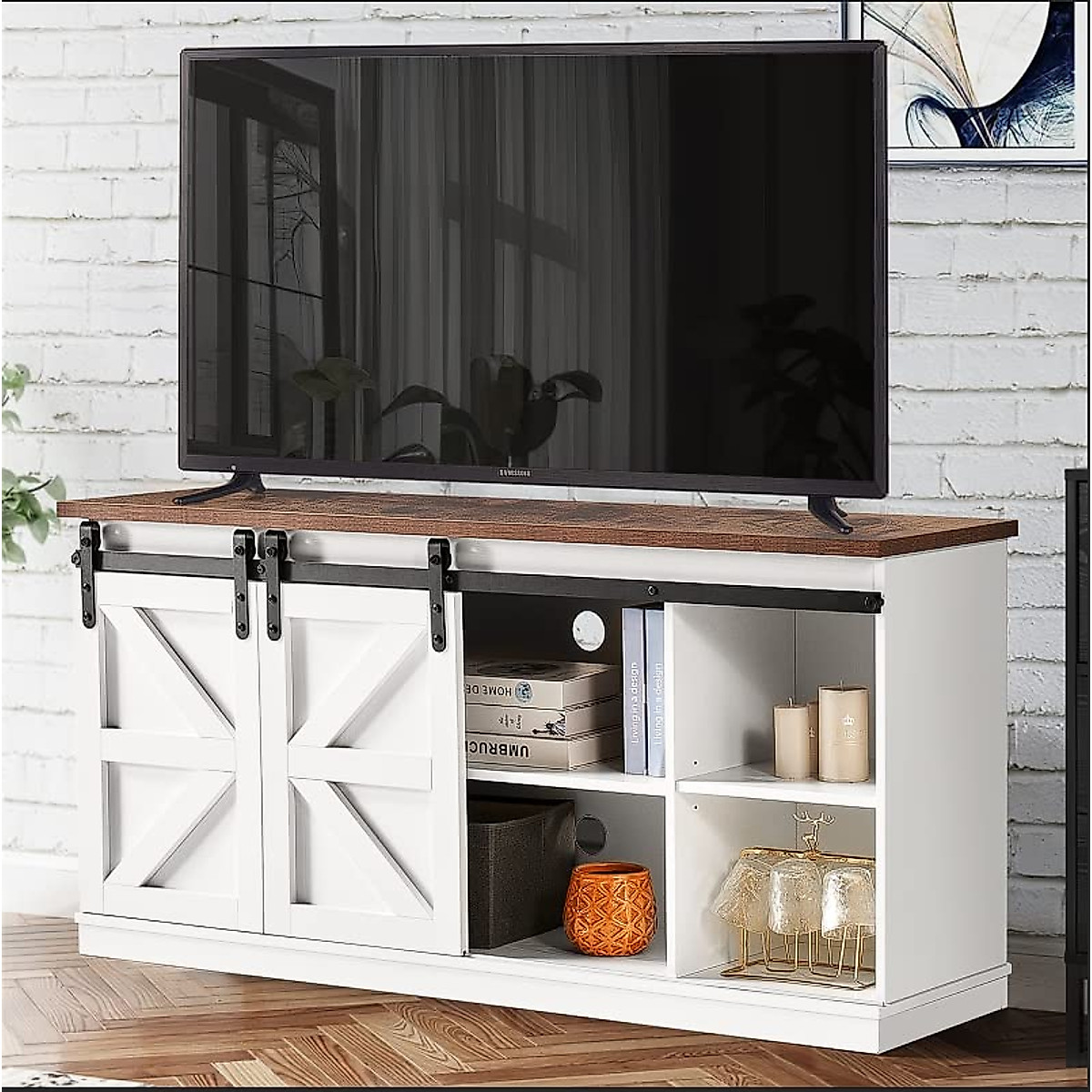 oneinmil Farmhouse TV Stand for 65 Inch TVs, Modern Rustic Entertainment Center with Sliding Barn Door and Storage Cabinets, Metal Media TV Console with Shelf for Living Room, 58 Inch,White