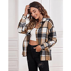 Lentta Women's Flannel Plaid Shacket Jacket Casual Fall Wool Blend Button Up Shirt Coat(Khaki-S)