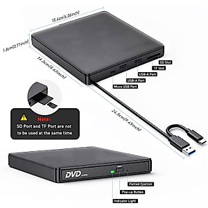 intendvision External CD DVD Drive USB 3.0 Type-C CD-RW DVD-R Combo Burner with SD/TF Slot, 2 USB 2.0 Port for PC Laptop Computer Mac Windows 11/10/8/7
