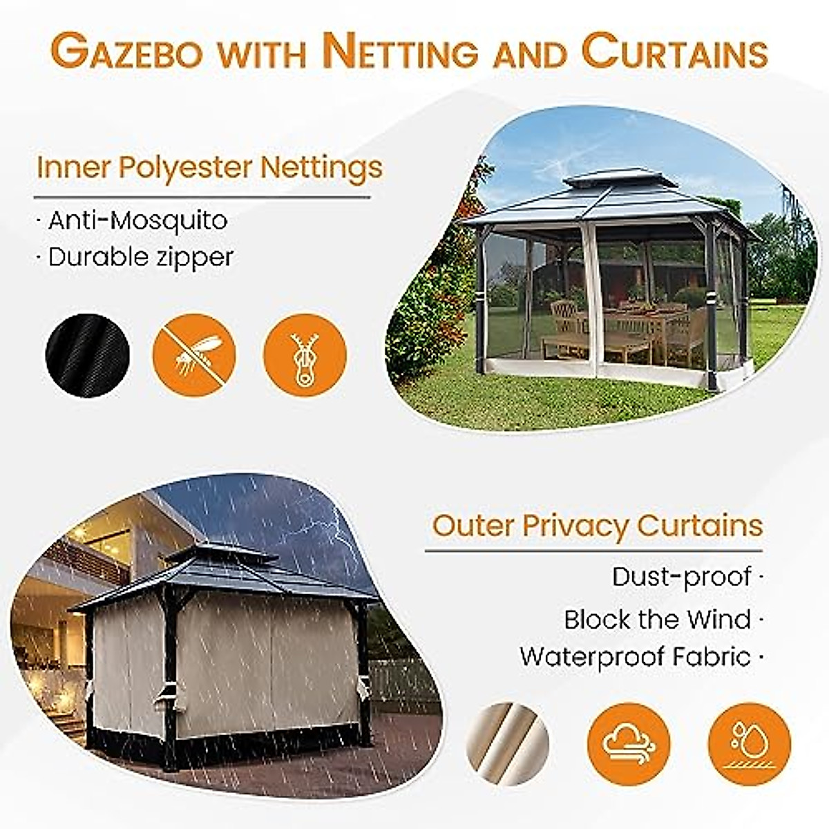Hardtop Gazebo 10x12 - Outdoor Gazebo with Netting and Curtains, Double Metal Roof Gazebo Aluminum Frame for All Weather, 10 x 12 Gazebo Perfect for Backyard, Deck, Hot Tub, Patio Lawn Garden Poolside