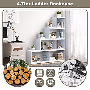 SILKYDRY 4 Tier Bookshelf, L Shaped Ladder Corner Bookshelf, 6 Cubes Stepped Etagere Bookcase, 10 Shelves Storage Display Rack for Living Room Home Office Hallway (White)