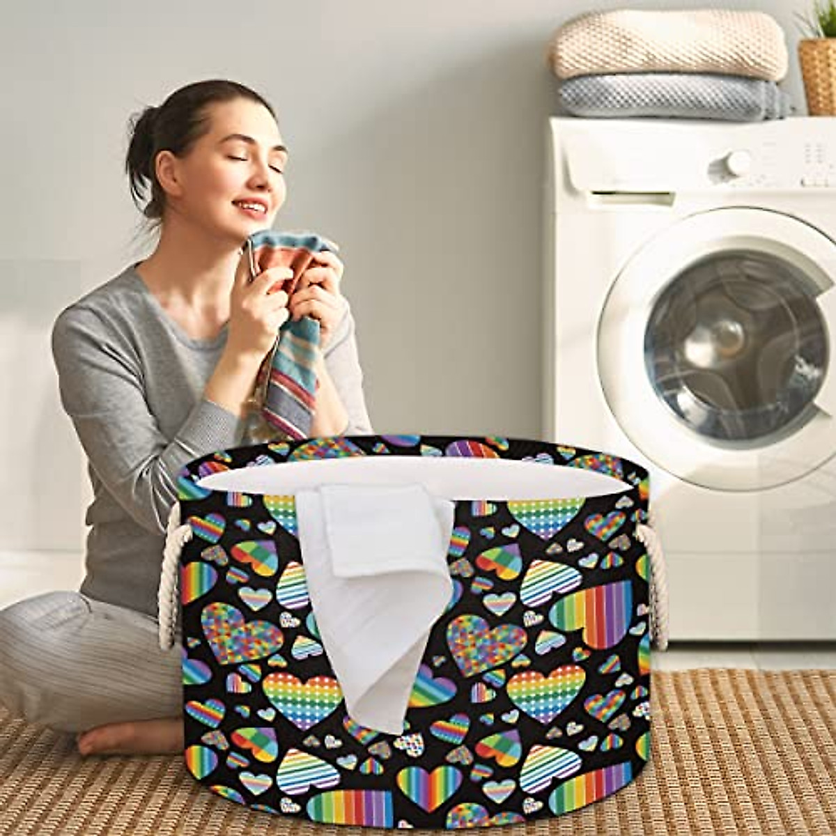 Rainbow Hearts Lgbt Pridge Large Round Baskets for Storage Laundry Baskets with Handles Blanket Storage Basket for Bathroom Shelves Bins for Organizing Nursery Hamper Girl Boy