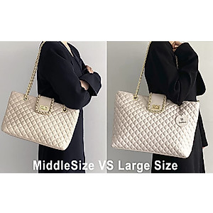 Seagloca 13.4“ Women Quilted Double Strap Shoulder Bag Quilted Hobo Tote Handbag Large Capacity（white）