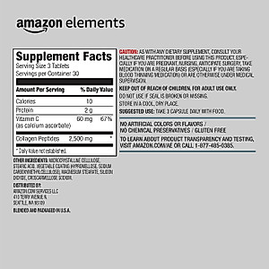 Amazon Elements Collagen Peptides + Vitamin C, 2500 mg Collagen Peptides per Serving, 90 Tablets, 1 Month Supply