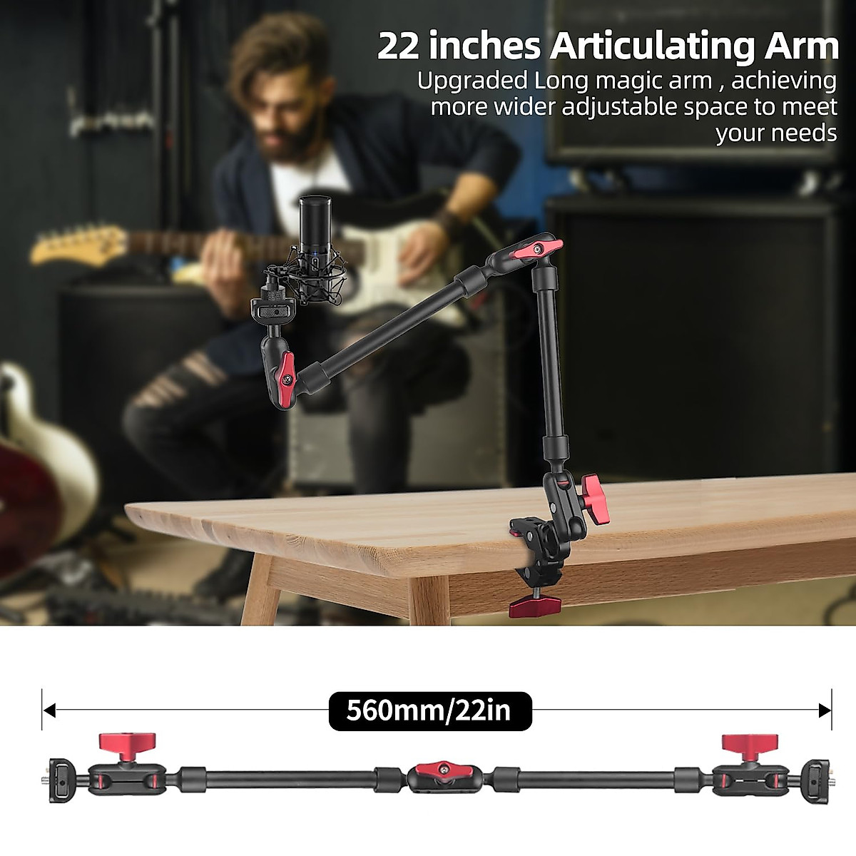 Hemmotop 22in Magic Arm with Clamp, Long Articulating Arm Camera Mount, Adjustable Phone Mount Holder 360° Rotation, Mic Arm for Microphone, LED Lights, for iPhone, Tripod, Desk, Table