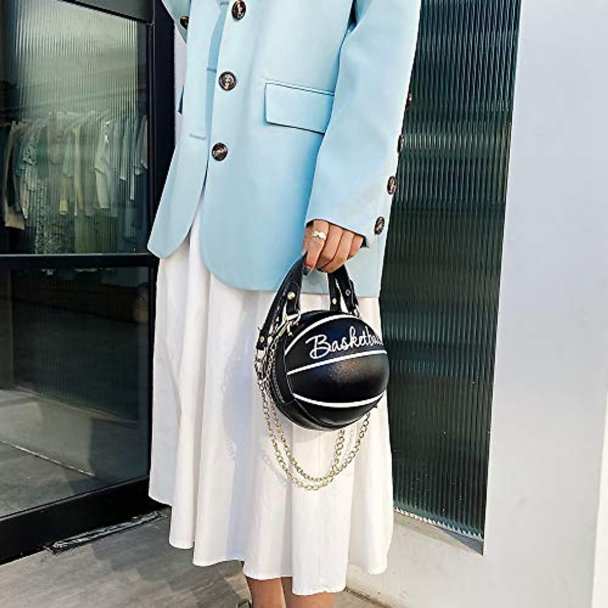 Basketball Shaped Purse Crossbody Bag Round Messenger Bags Tote Shoulder Handbag For Women Girls (Basketball Black)