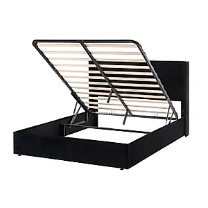 HOOMIC Queen Size Lift Up Storage Bed with Wingback Headboard/Velvet Upholstered Platform Bed Frame/Heavy-Duty Hydraulic Bed/Large Underneath Storage/Strong Wooden Slats Support/Noise-Free/Black