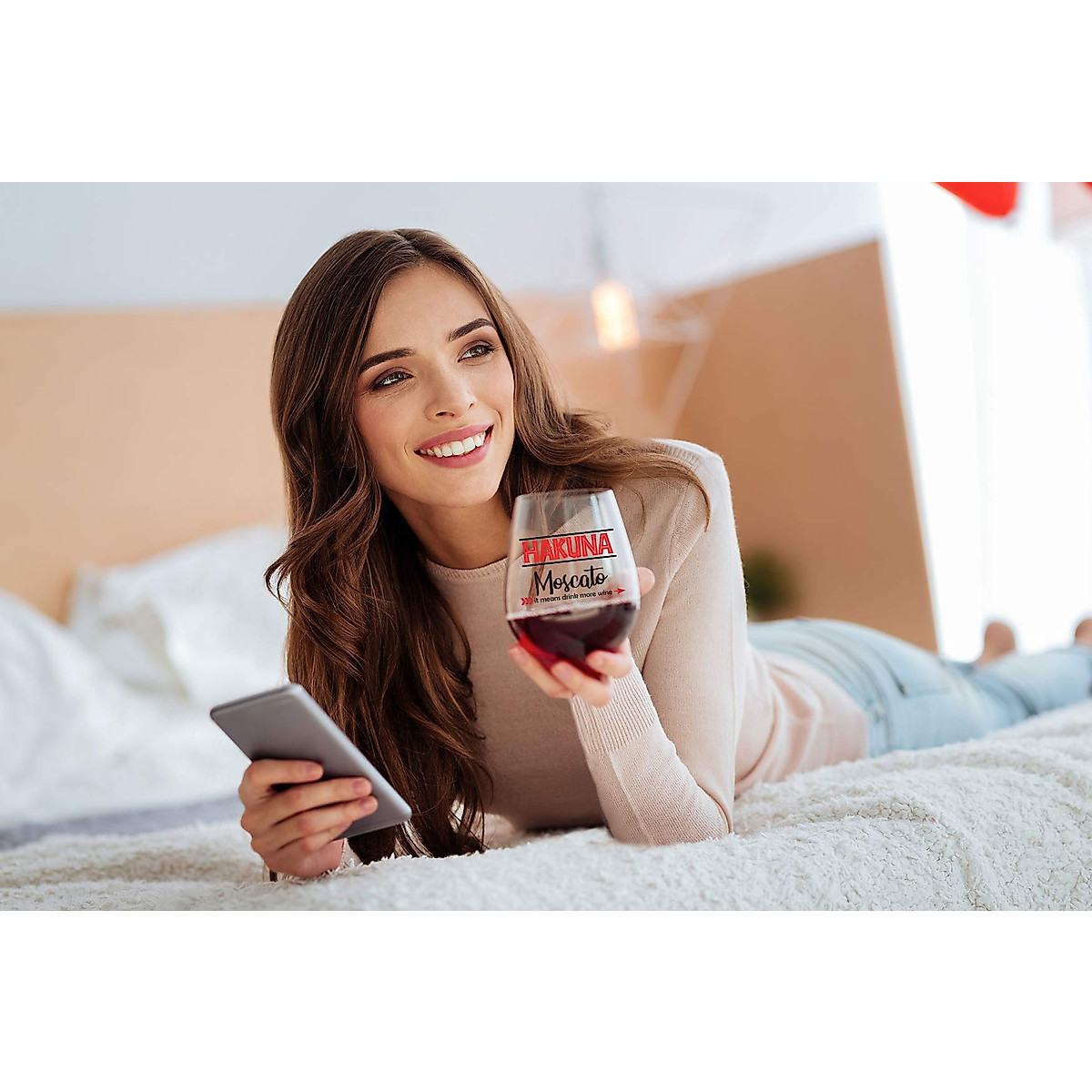 AW Fashions Hakuna Moscato It Means Drink More Wine Funny 15oz Crystal Stemless Wine Glass - Fun Wine Glasses with Sayings Idea For Women, Her, Mom on Mother's Day Or Christmas