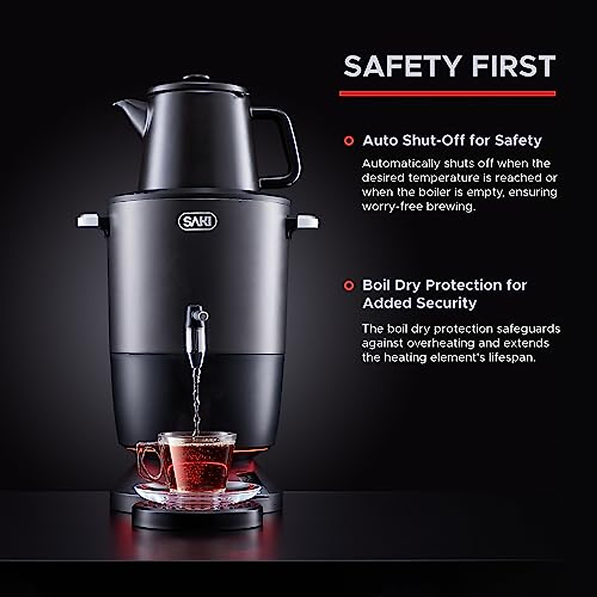 SAKI Chaiovar Electric Samovar - 4L Stainless Steel Electric Tea Maker, Temperature Display, Large Ceramic Teapot, Boil Dry & Auto Shut Off, Best for Persian, Russian, and Turkish Tea - Space Grey