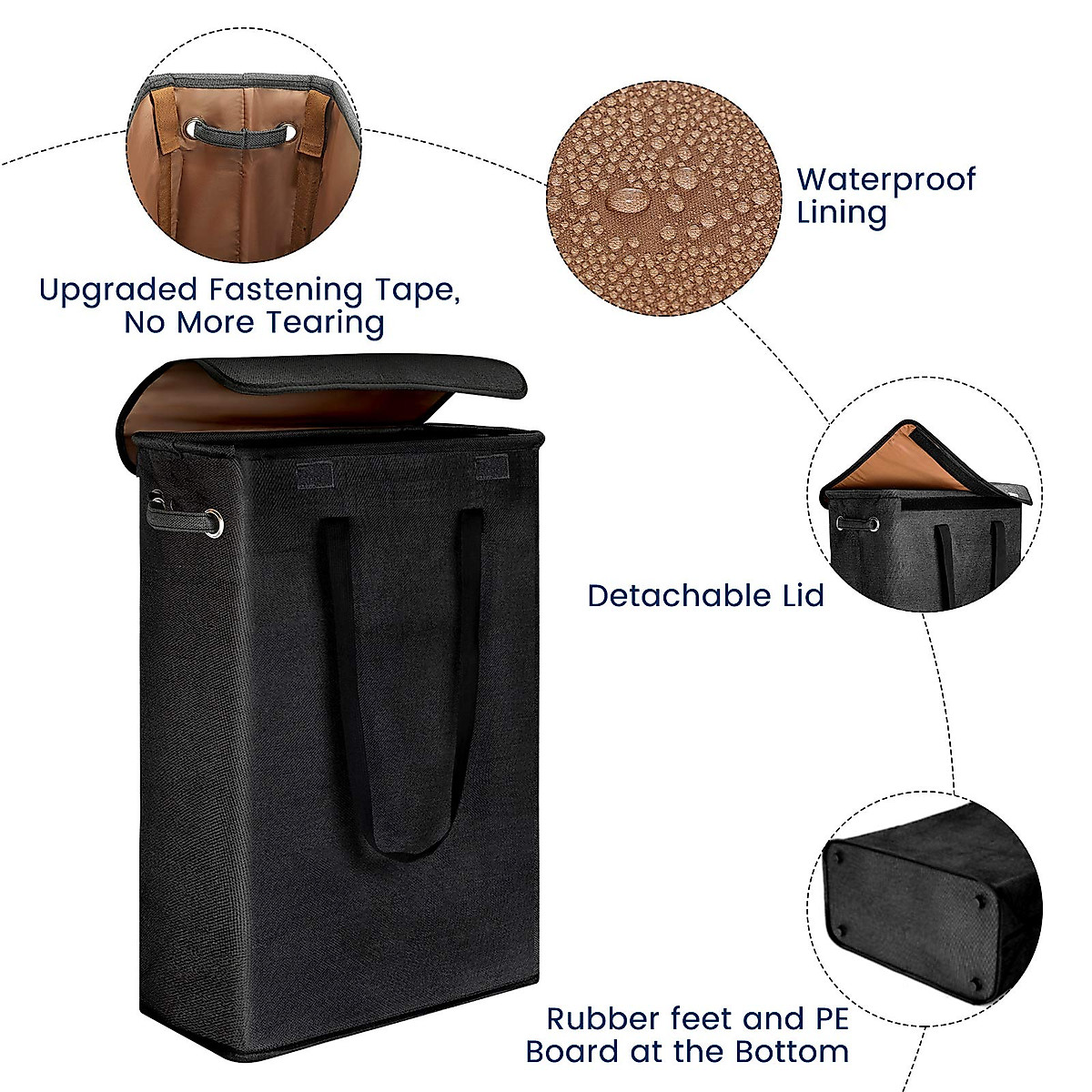 Slim Laundry Basket with Lid, Tall Thin Laundry Hamper with Handles, Waterproof Lining Narrow Dirty Clothes Hamper for Bathroom Bedroom Dorm Nursery Organization Storage (45L, Black)