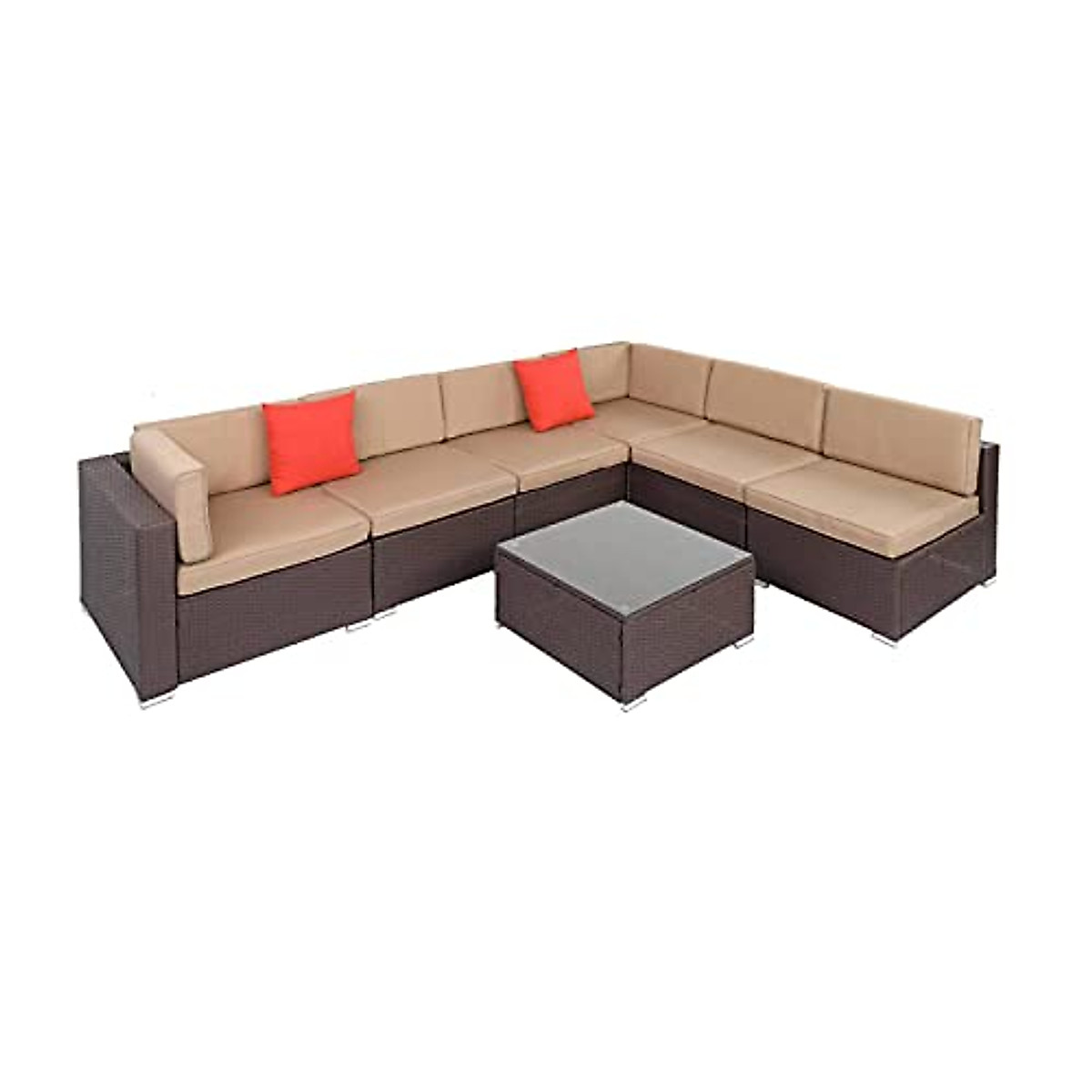 New Outdoor Courtyard Modular Furniture Set 7-Piece Rattan Sofa, Rattan Garden deep seat Dialogue Sofa with seat Cushion Tempered Glass Table