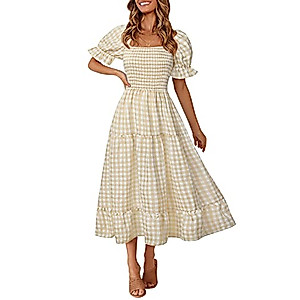 MEROKEETY Women's Plaid Square Neck Ruffle Puff Sleeve Midi Dress Summer Boho Backless Smocked Dress, Beige, Medium