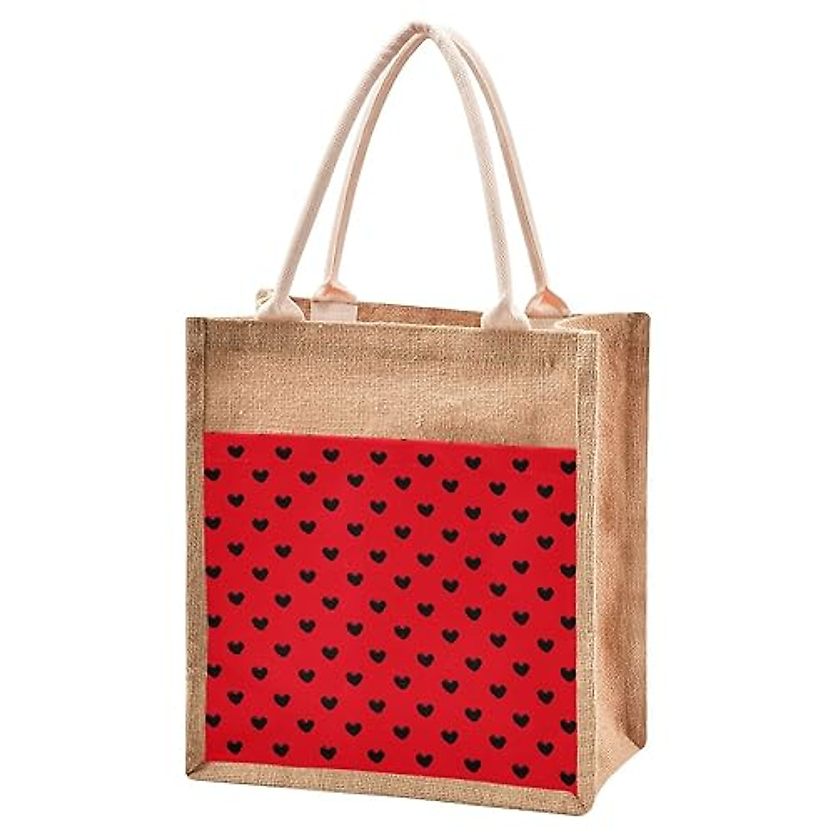 Jute Burlap Tote Bag Red Black Love Hearts Watercolor Valentine's S Day Large Capacity Reusable Grocery Shopping Storage Bag