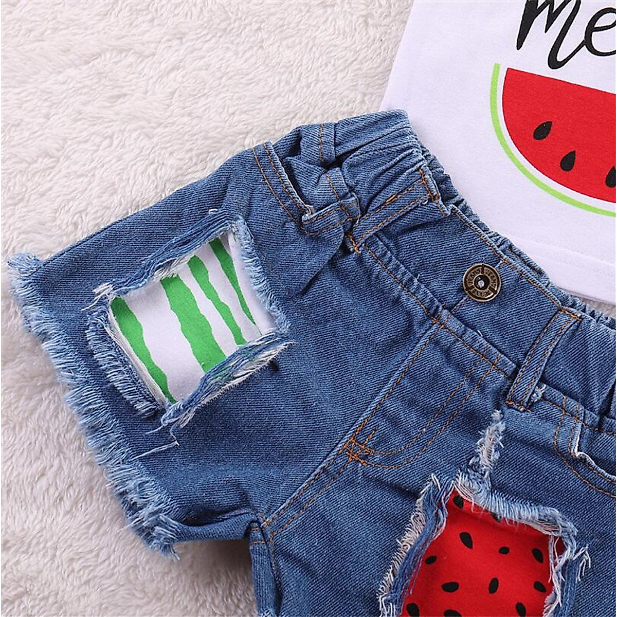 LOTUCY 2PCS Baby Girls Boy Clothes One in A Melon Watermelon Tops Tassel Ripped Denim Shorts Set Baby Boy Girl 1st Birthday Outfit