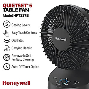Honeywell QuietSet 5 Oscillating Table Fan, Black – Personal and Small Room Fan with Quiet Operation and 5 Levels of Power and Sound