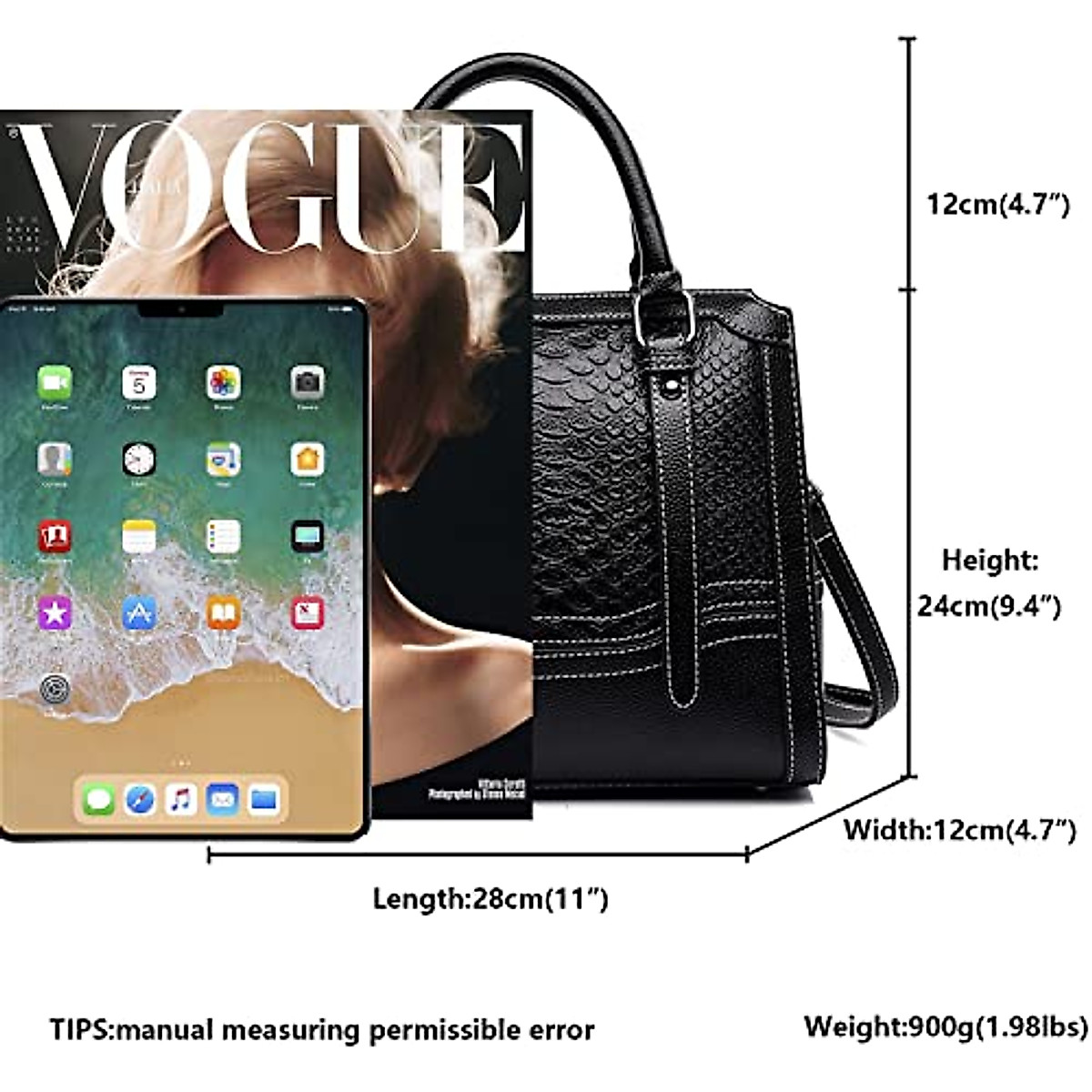 JESSWOKO Black Crocodile Pattern Vegan Leather Handbag Purse for Women Fashion Ladies Shoulder Bag 3 Ways Crossbody Totes Bag