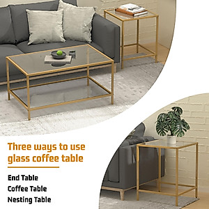 Coffee Table Set of 2,Gold Glass Nesting Coffee Side End Table,Square Modern Center Table for Living Room,Bedroom and Small Spaces,Tempered Glass-top with Sturdy Metal Frame, Easy Assembly