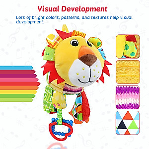 JERICETOY Baby Toy Plush Infant Toy with Musical Box Baby Carseat Toy Stroller Hanging Toy Development Toy with Rattles Crinkle Teether Magic Mirror, Stroller Clip-On Carseat Cot Crib Bed - Lion