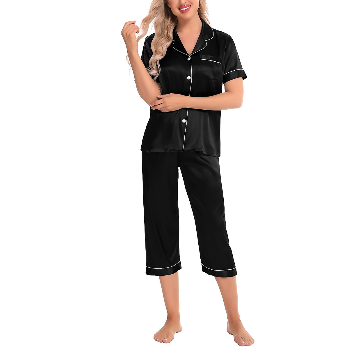 SWOMOG Satin Pajama Set Women Silk Pjs Set Short Sleeve 2 Piece Button Down Sleepwear Lounge Sets Black