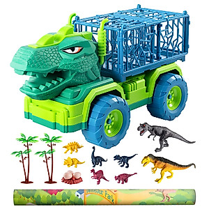 MAGICDINOSAUR Dinosaur Transport Truck for Kids 3-5, T-rex Vehicle Carrier Car Toys for Boys 3 4 5 6 7 Years Old, Truck Toy with Dino Figures & Play Mat, Gift for Toddlers Boys Girls