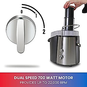 Total Chef Juicin' Juicer Wide Mouth Centrifugal Juice Extractor, 3" Wide Feed Chute, 700W, 2 Speeds, Surgical Steel Blade, Easy to Clean, Juicing Machine for Fruits, Vegetables, Greens, Almond Milk
