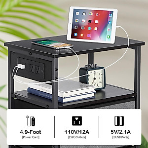 NANANARDOSO Nightstand with Charging Station, Small Bedside Table with 2 Fabric Drawers and Storage Shelf, Rustic End Table for Small Space Bedroom Living Room, Black