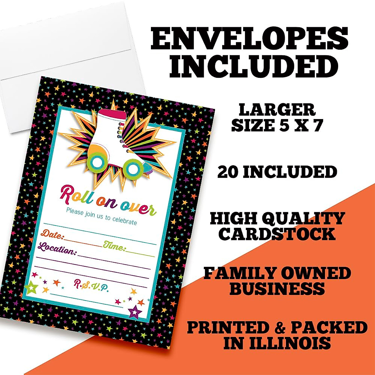 Roller Skating Birthday Party Invitations, 20 5x7 Fill In Cards with Twenty White Envelopes by AmandaCreation