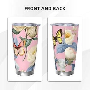 AYCZN Butterfly White Flower 20 OZ Tumbler Stainless Steel Travel Coffee Mug, Romantic Floral Insulated Water Bottle with Lid and 2 StrawsLeakproof Thermal Cup