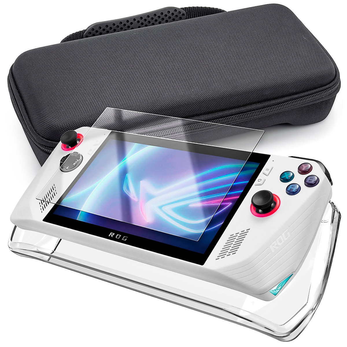 ENCASED 3-in-1 Asus ROG Ally Accessories Bundle - Clear Grip Case with Tempered Glass Screen Protector and Protective Carrying Bag with Handle (EVA Hard Shell)