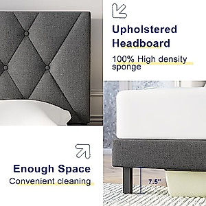 Molblly King Size Bed Frame with Adjustable Headboard, Linen Fabric Wrap, Strong Frame and Wooden Slats Support, No Box Spring Needed, Non-Slip and Noise-Free, Easy Assembly, Dark Grey