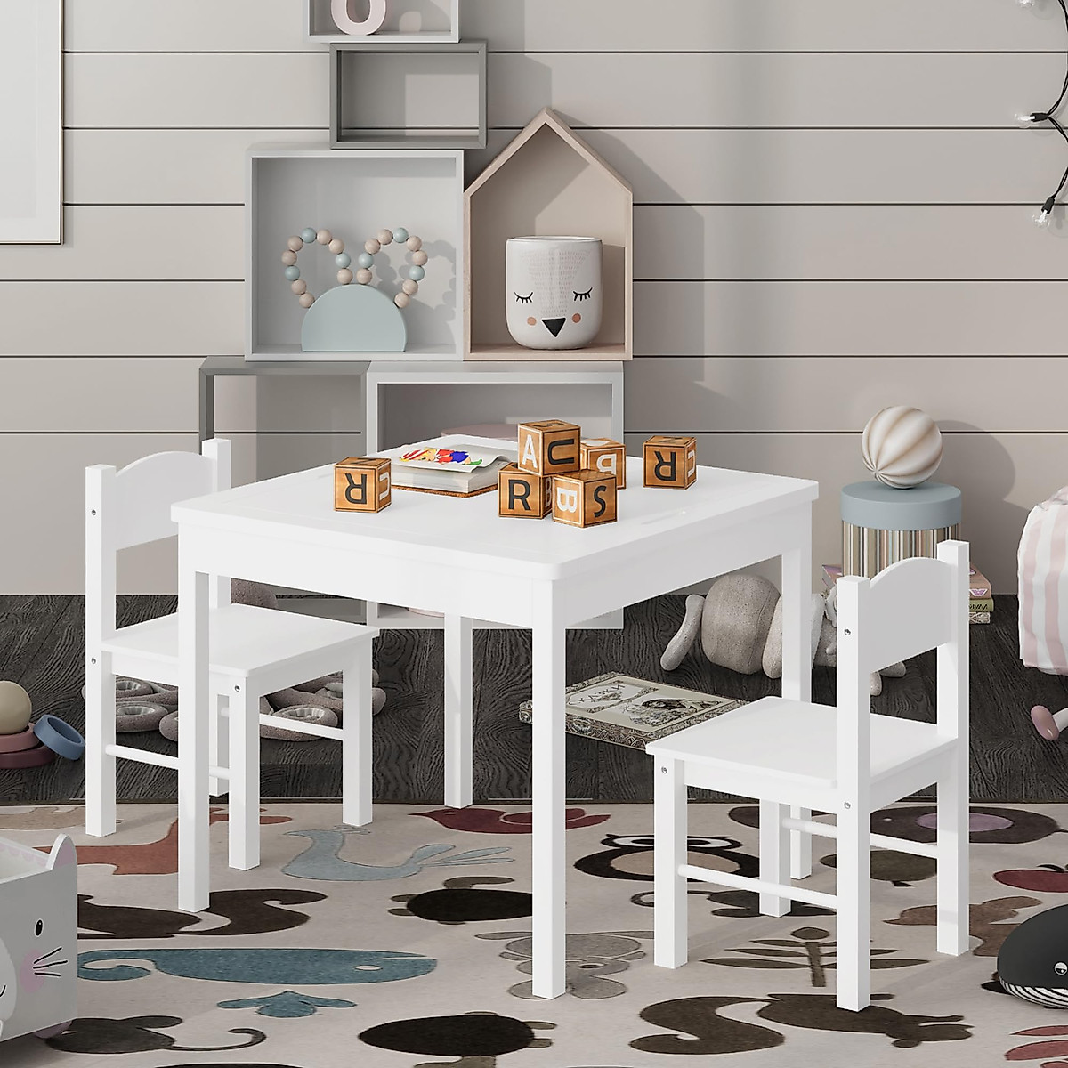 4NM 3 in 1 Kids Table Set for 2, Children Table and Chairs, Toddler Play Activity Table with Hidden Storage Wood Building Block Table Desk for Ages 3-7- Color White