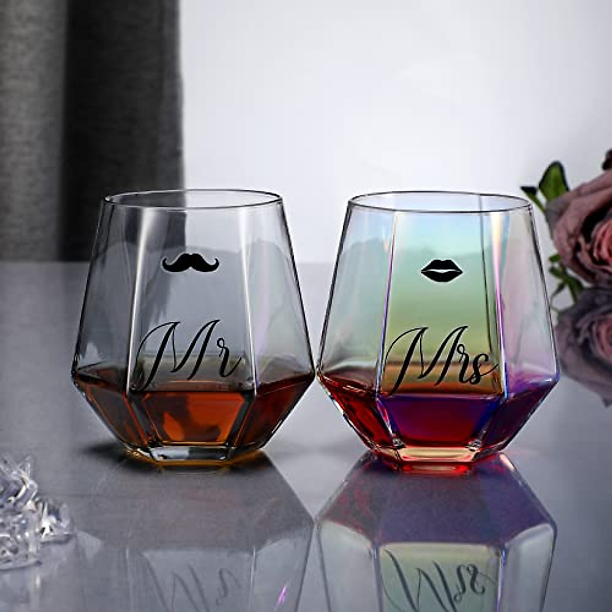 RorAem Wine Glasses Gifts for Mr and Mrs - Wedding Gifts for Bride and Groom - Gifts for Bridal Shower Newlywed Engagement and Anniversary - Couples Gifts for Husband & Wife